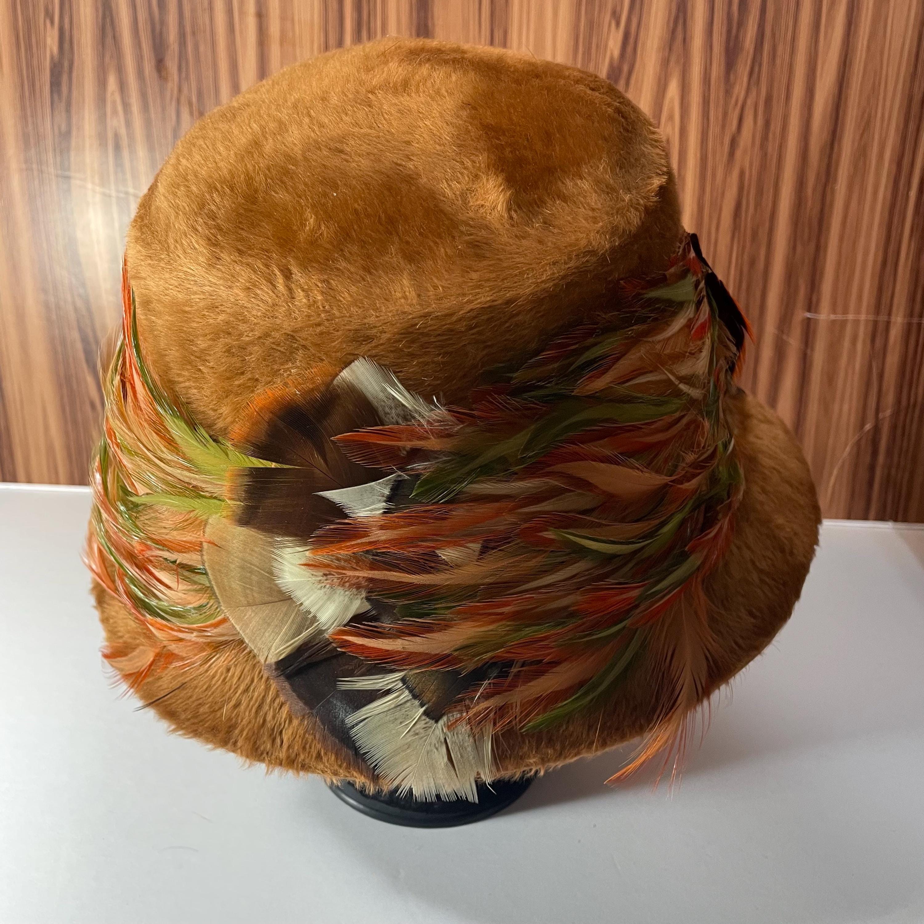 Vintage 1940’s Brown Faux Fur & Feather Bucket Hat by Musketeer, Made ...