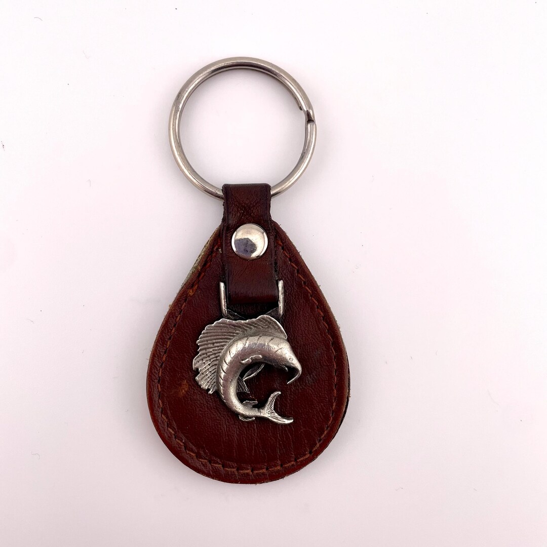 Vintage Leather & Pewter Marlin Fish Keychain - Etsy