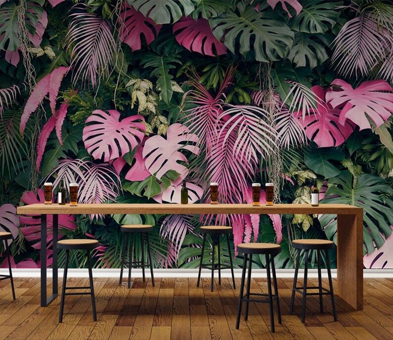 Pink Green Forest Plant Wallpaper Jungle Colorful Removable | Etsy