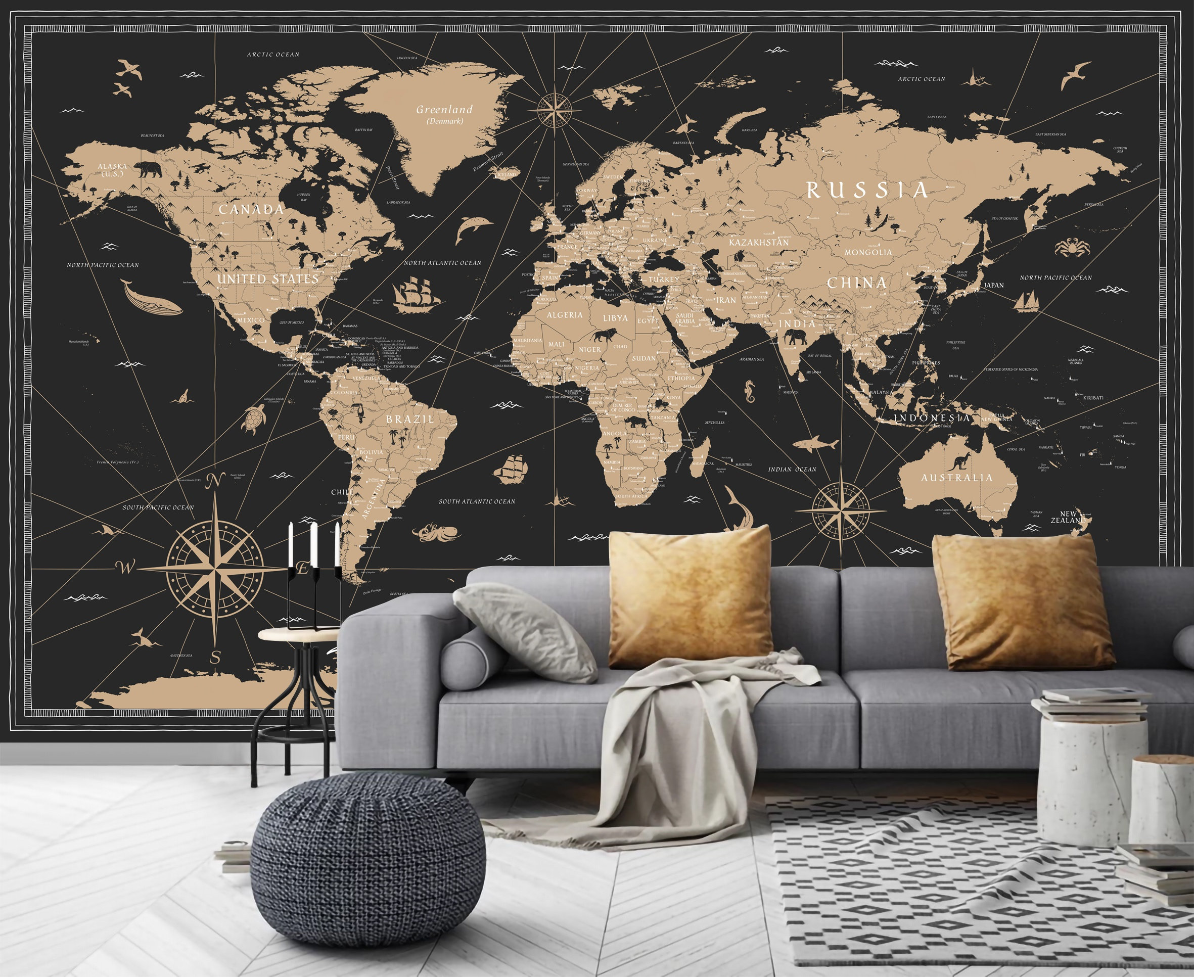 Wall Décor Map Wallpaper Peel and Stick Self Adhesive Dark Political ...