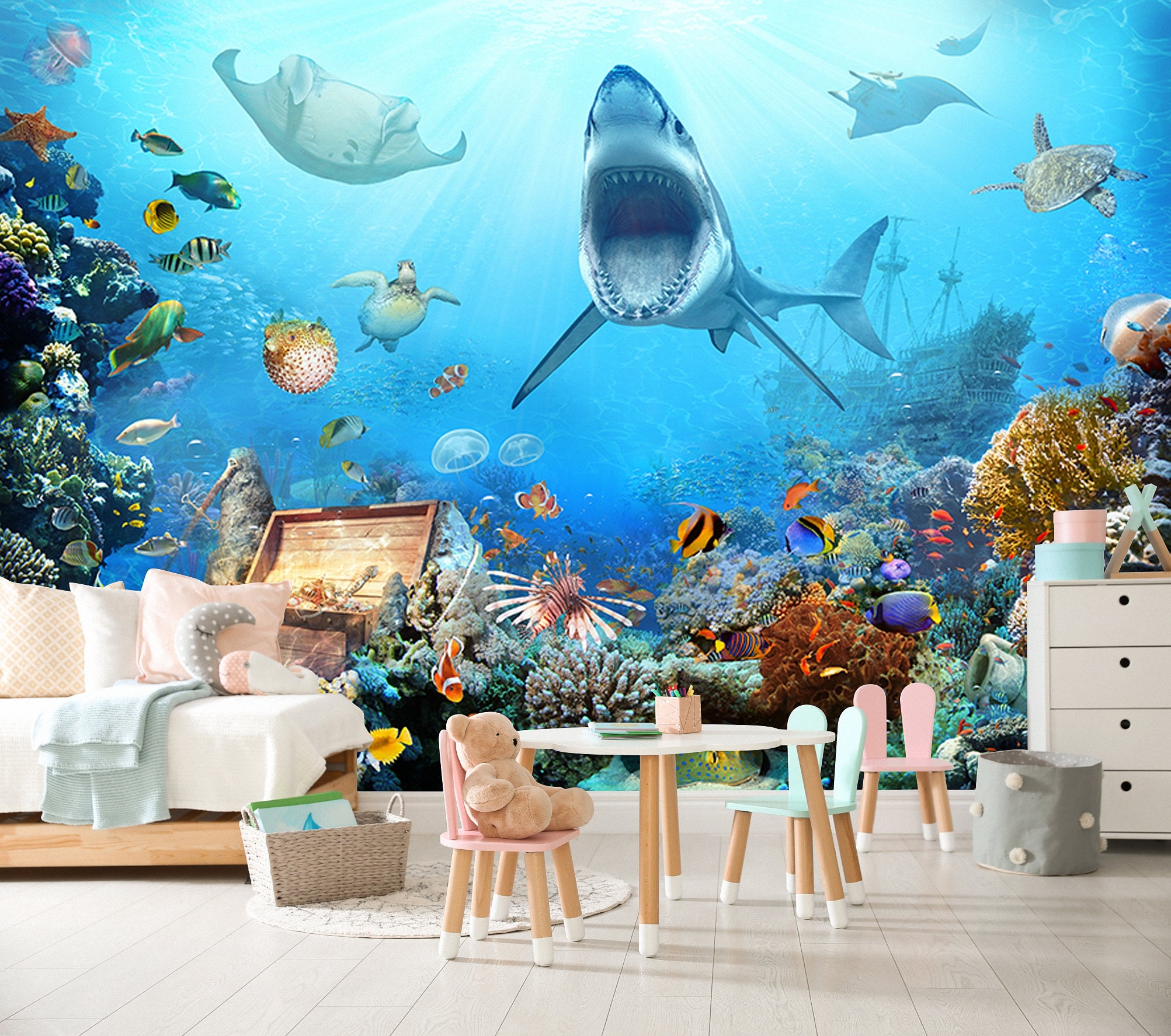 Underwater World Kids Wallpaper Cartoon Shark Dolphin Turtle - Etsy ...