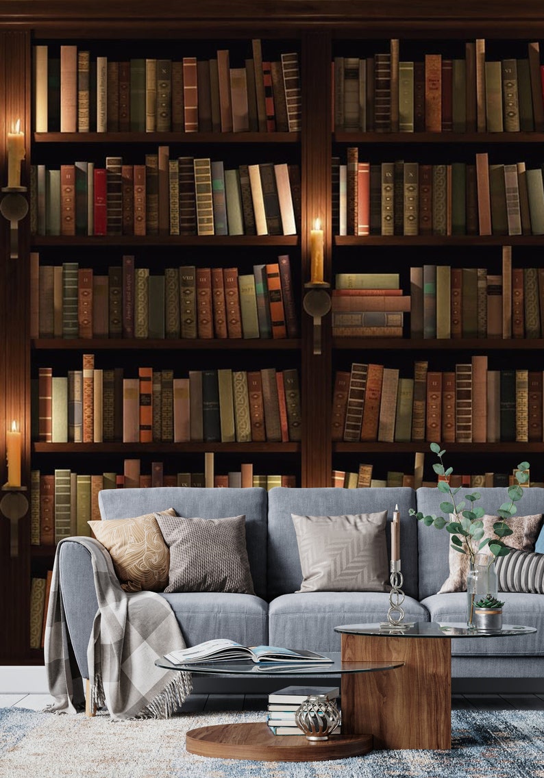 Bookshelf Wallpaper Bookcase Library Texture Old Faux 3d - Etsy