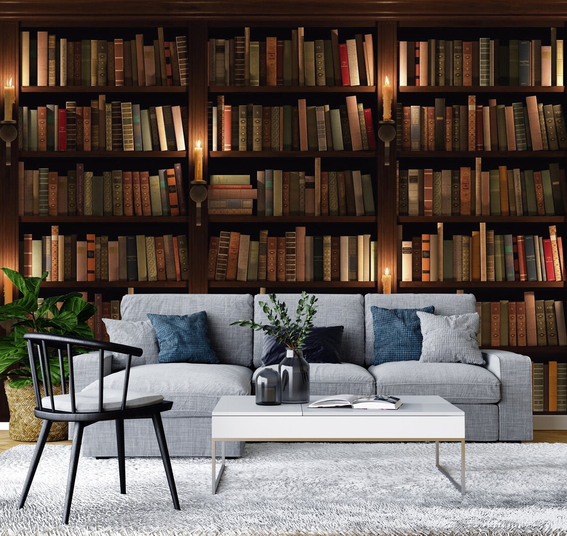 Bookshelf Wallpaper Bookcase Library Texture Old Faux 3d - Etsy