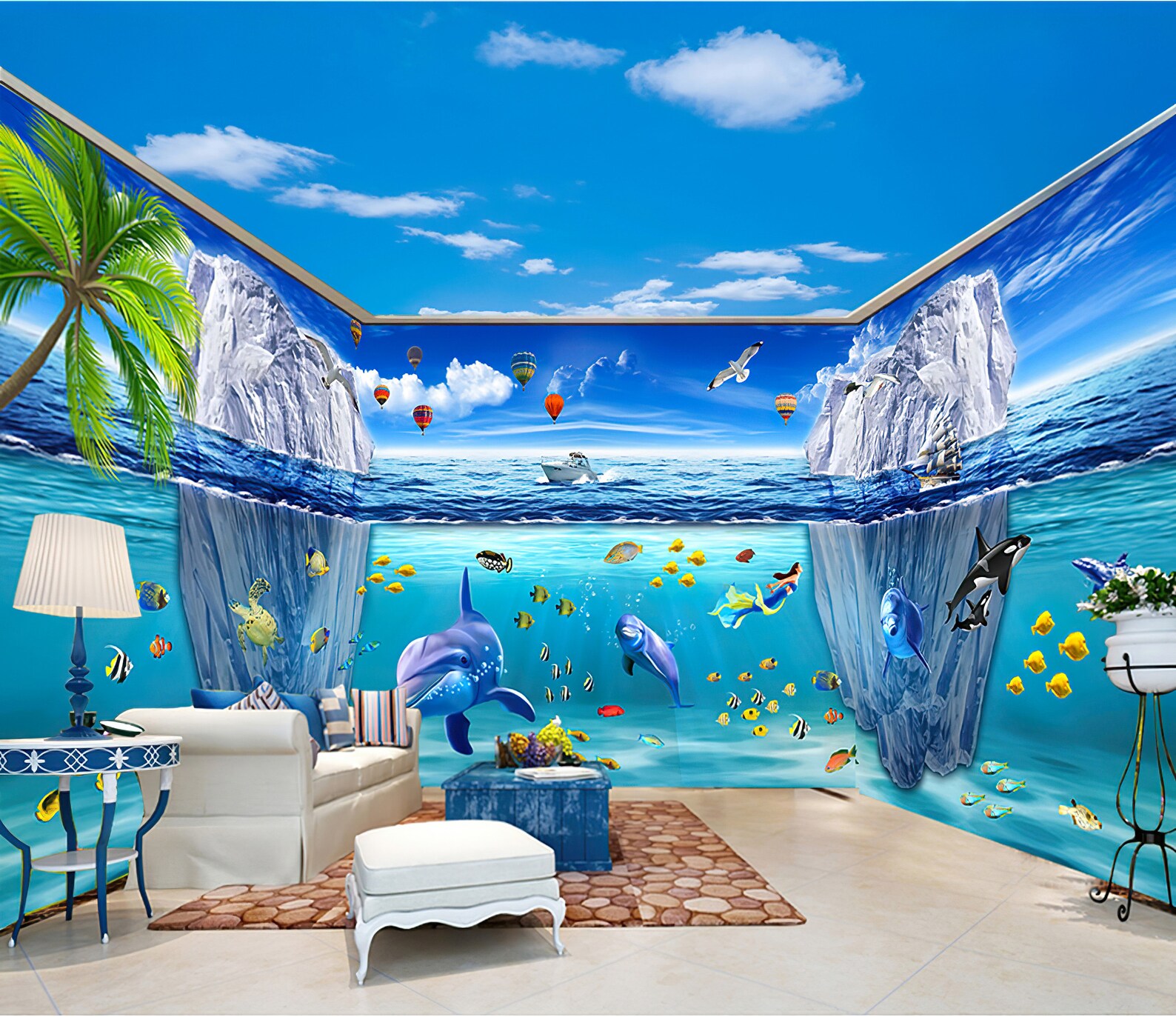 Underwater World Kids Wallpaper Cartoon Shark Dolphin Turtle - Etsy