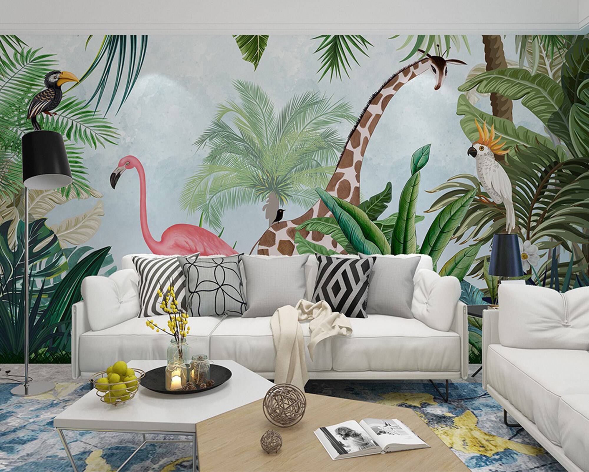 Safari Forest Flamingo Giraffe Wallpaper Jungle Exotic Animals | Etsy