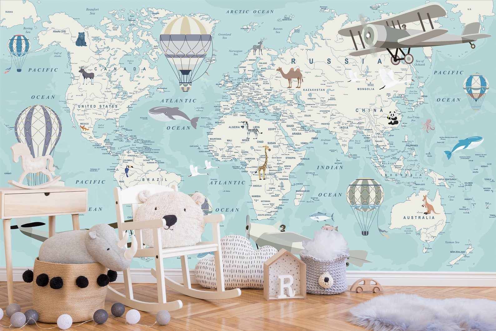 Cartoon World Map Kids Wallpaper Peel & Stick Children Nursery - Etsy