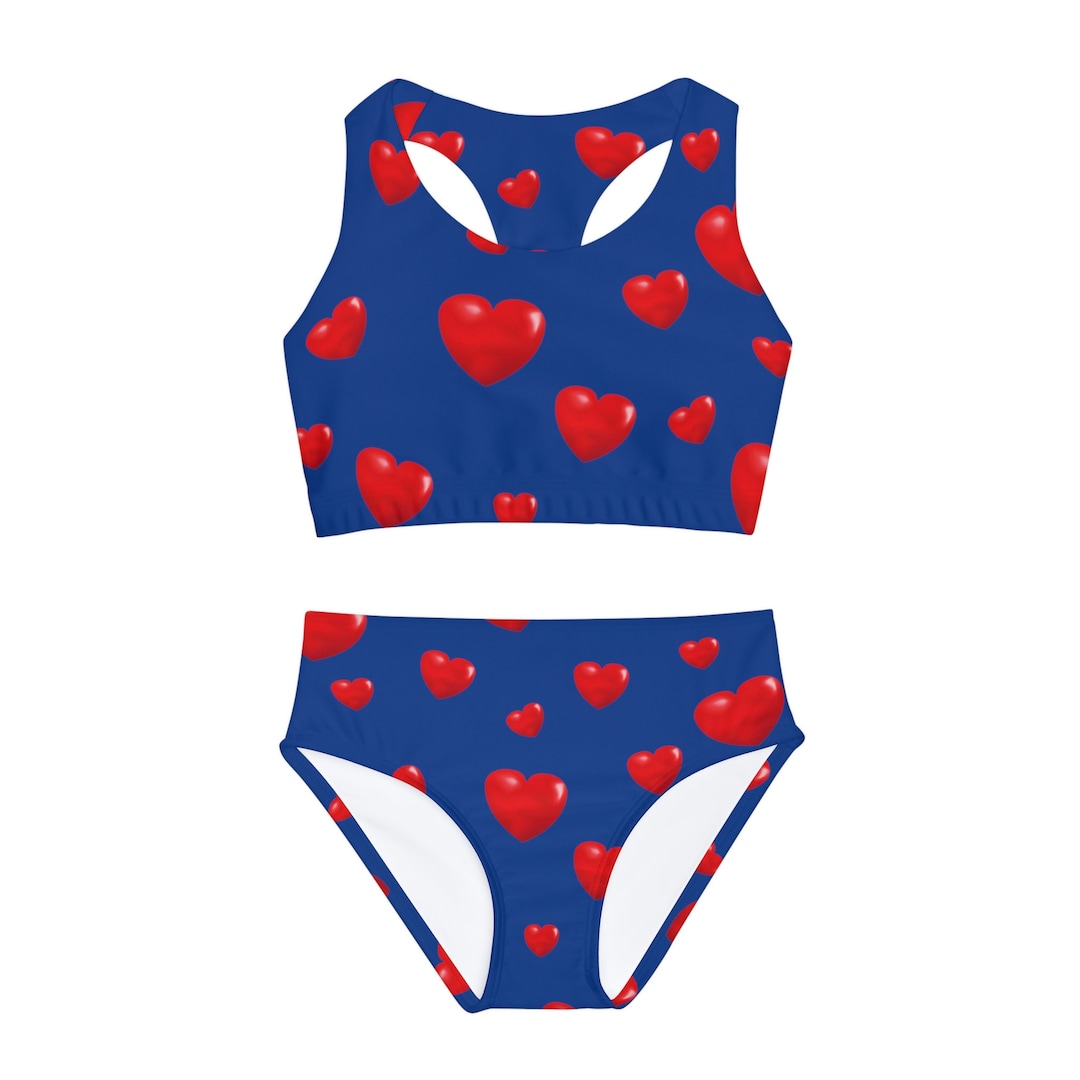 Girls Two Piece Swimsuit Hearts Swimwear Blue Bathing Suit Red Hearts ...