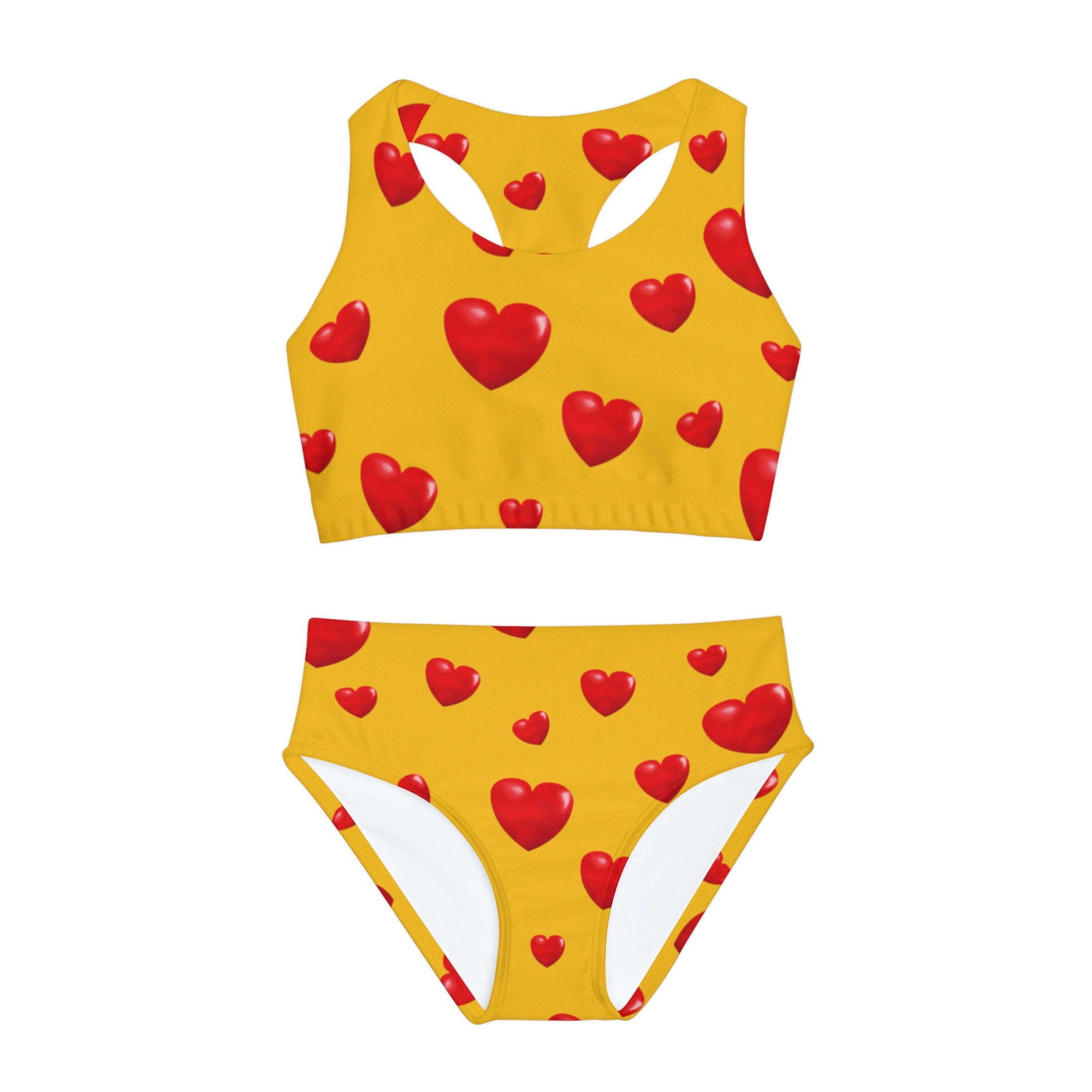 Girls Two Piece Swimsuit Hearts Swimwear Yellow Bathing Suit Red Hearts ...