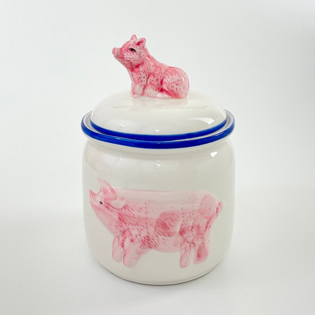 Vintage Pig Cookie Jar, Hand Painted Ceramic White and Blue, Farmhouse ...