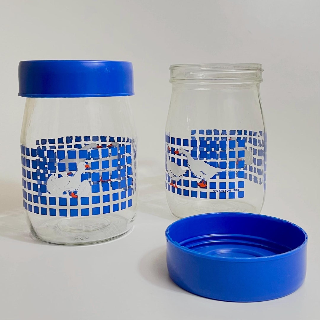 1982 Canister Set, Blue Checker With Ducks, 1980s Vintage Carlton ...