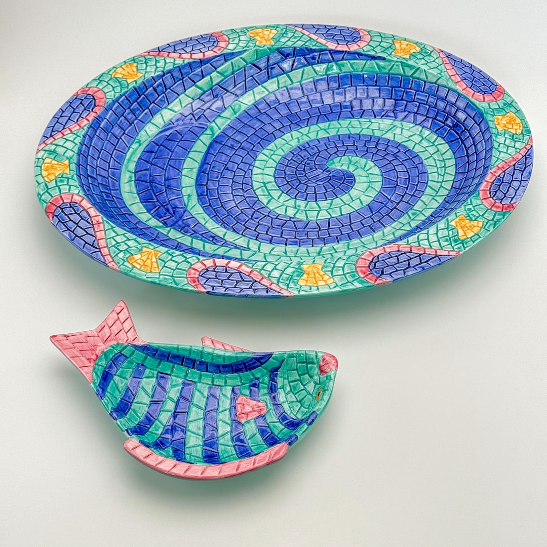 1995 Chip and Dip Set, Clay Art Mosaic Fish, Retro Party Serving ...