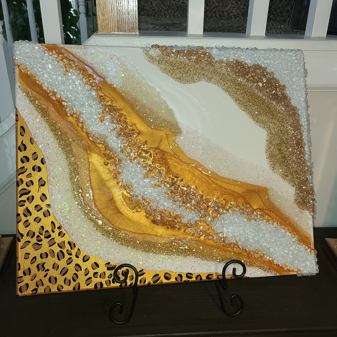 Leopard Print Resin Geode Art: Gold Abstract Canvas - Etsy