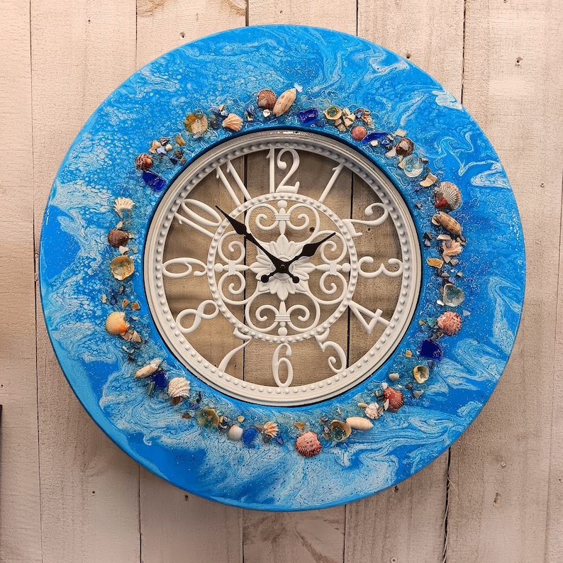 24" Ocean Wave Resin Clock: Seashell & Sea Glass Coastal Decor - Etsy