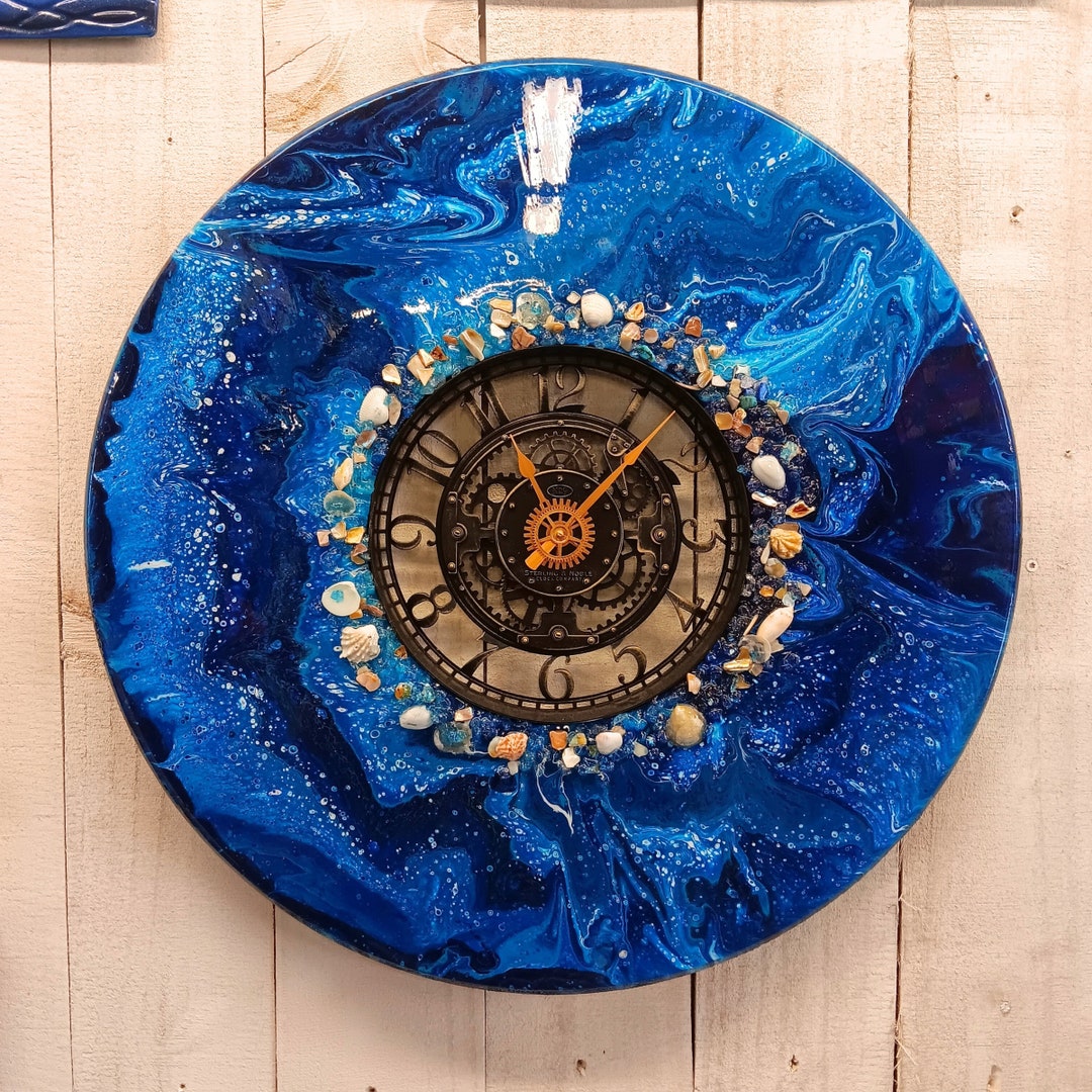 Dark Blue Ocean Clock With Seashell Accents Nautical Wall Clock Beach ...
