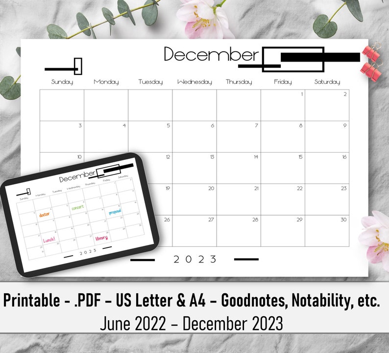 2022, 2023 Printable Calendars | Monthly Calendar Letter, A4 | Digital ...
