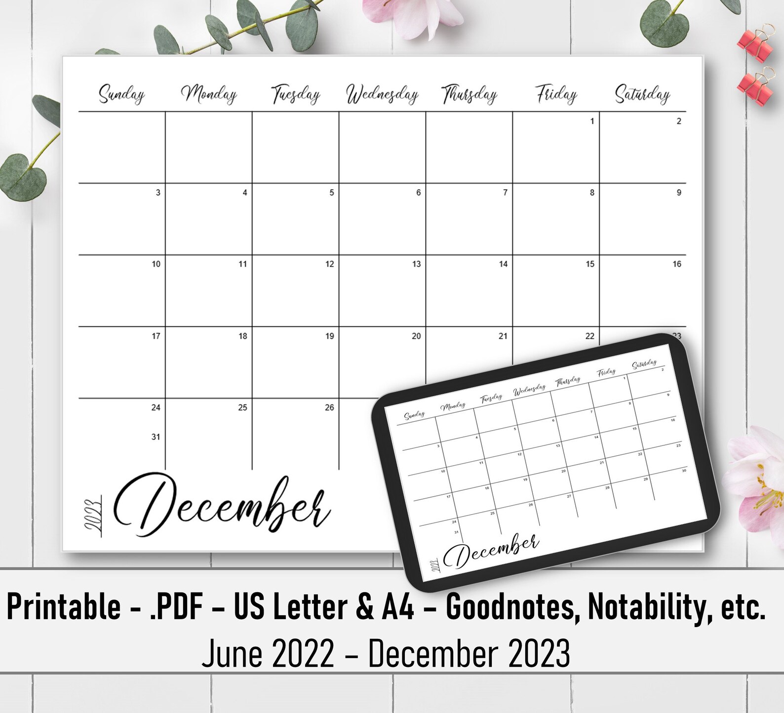 2022, 2023 Printable Calendars | Monthly Calendar Letter, A4 | Digital ...