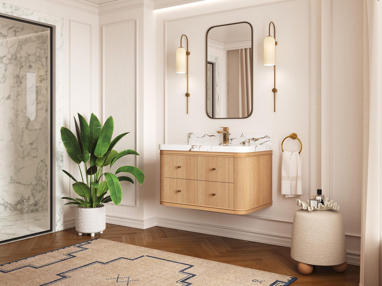 Hampton Floating Oak 36 In. W X 22 In. D Reeded Single Sink Bathroom ...