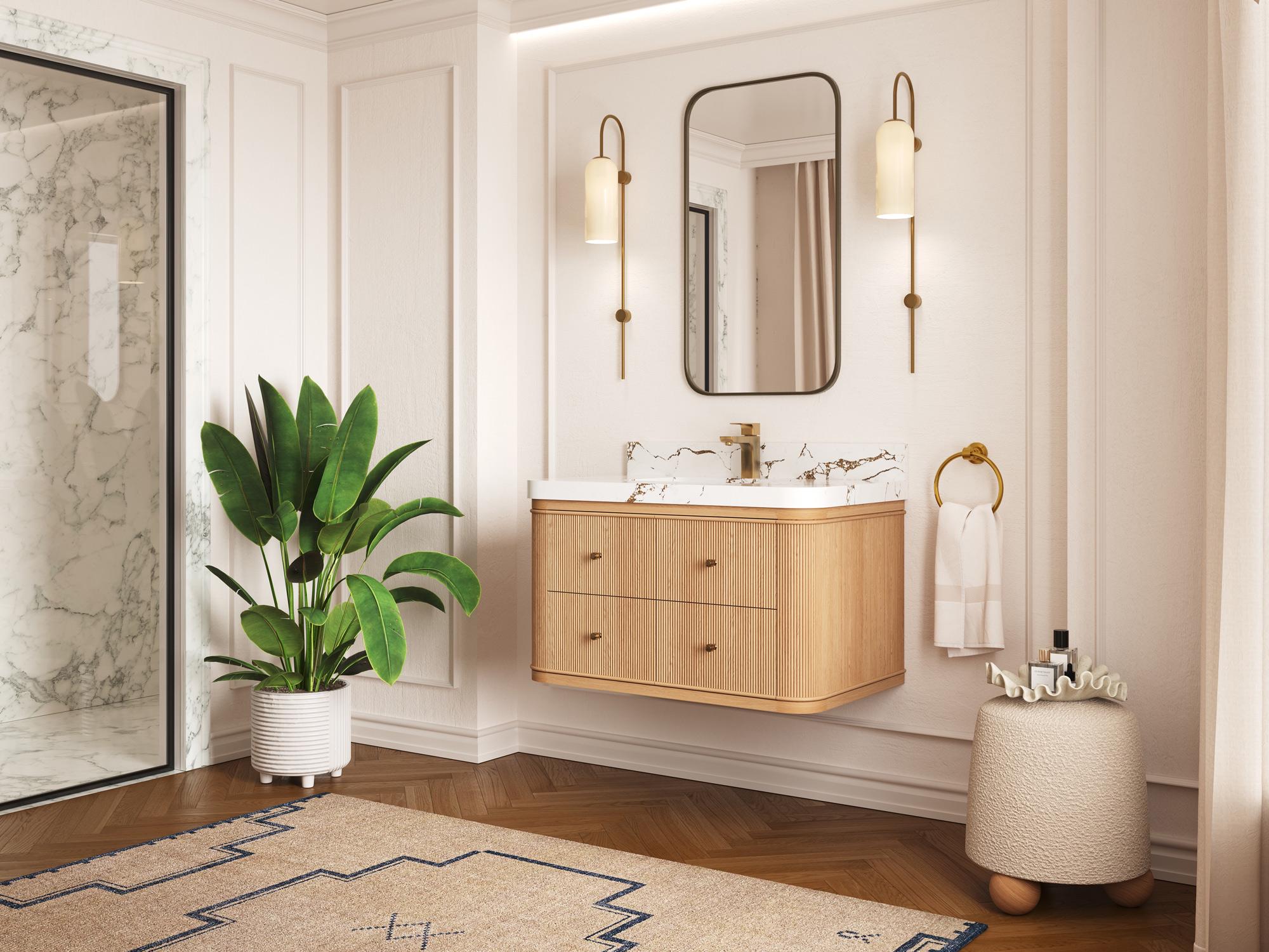 Hampton Floating Oak 36 In. W X 22 In. D Reeded Single Sink Bathroom ...