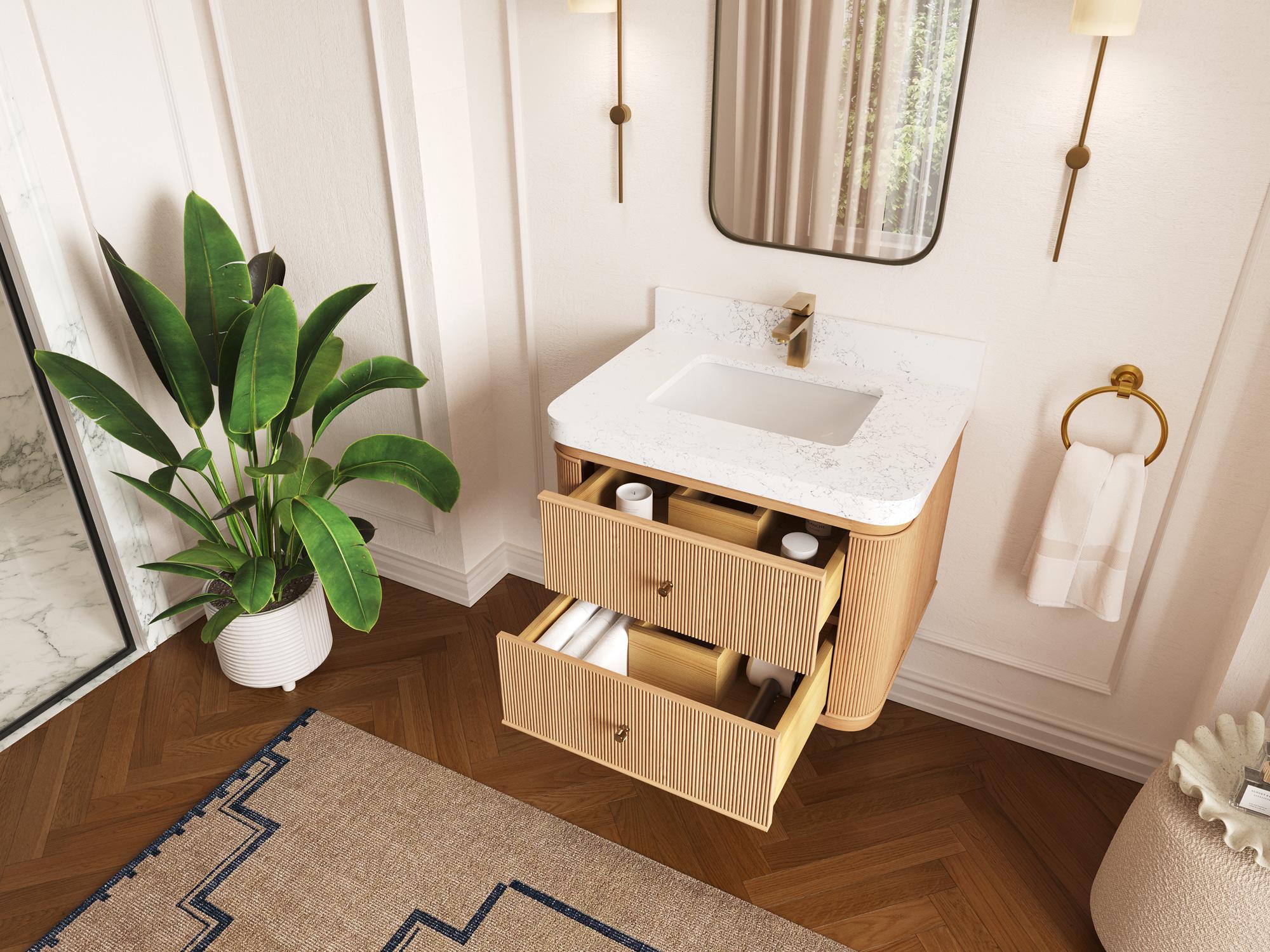 Hampton Floating Oak 30 In. W X 22 In. D Reeded Single Sink Bathroom ...