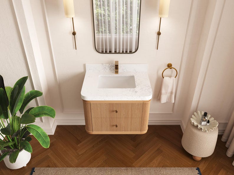 Hampton Floating Oak 30 In. W X 22 In. D Reeded Single Sink Bathroom ...
