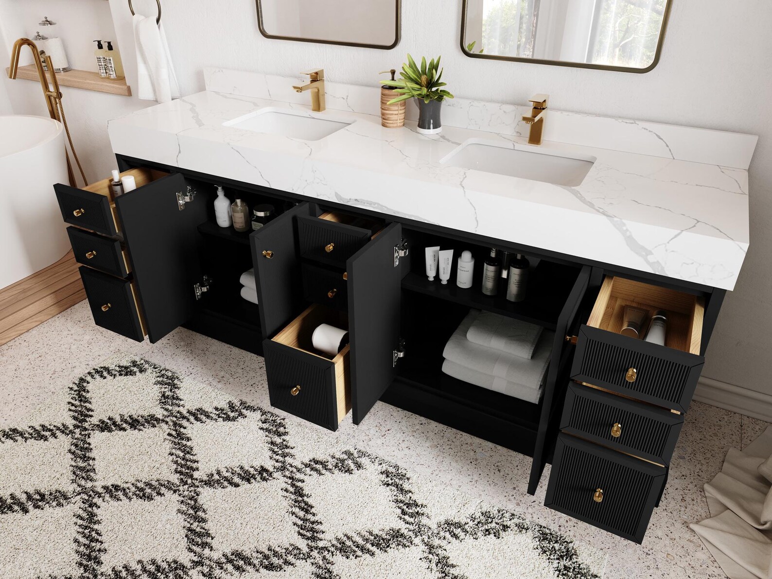 Manhattan 84 In. W X 22 In. D Double Sink Bathroom Vanity in Black With ...