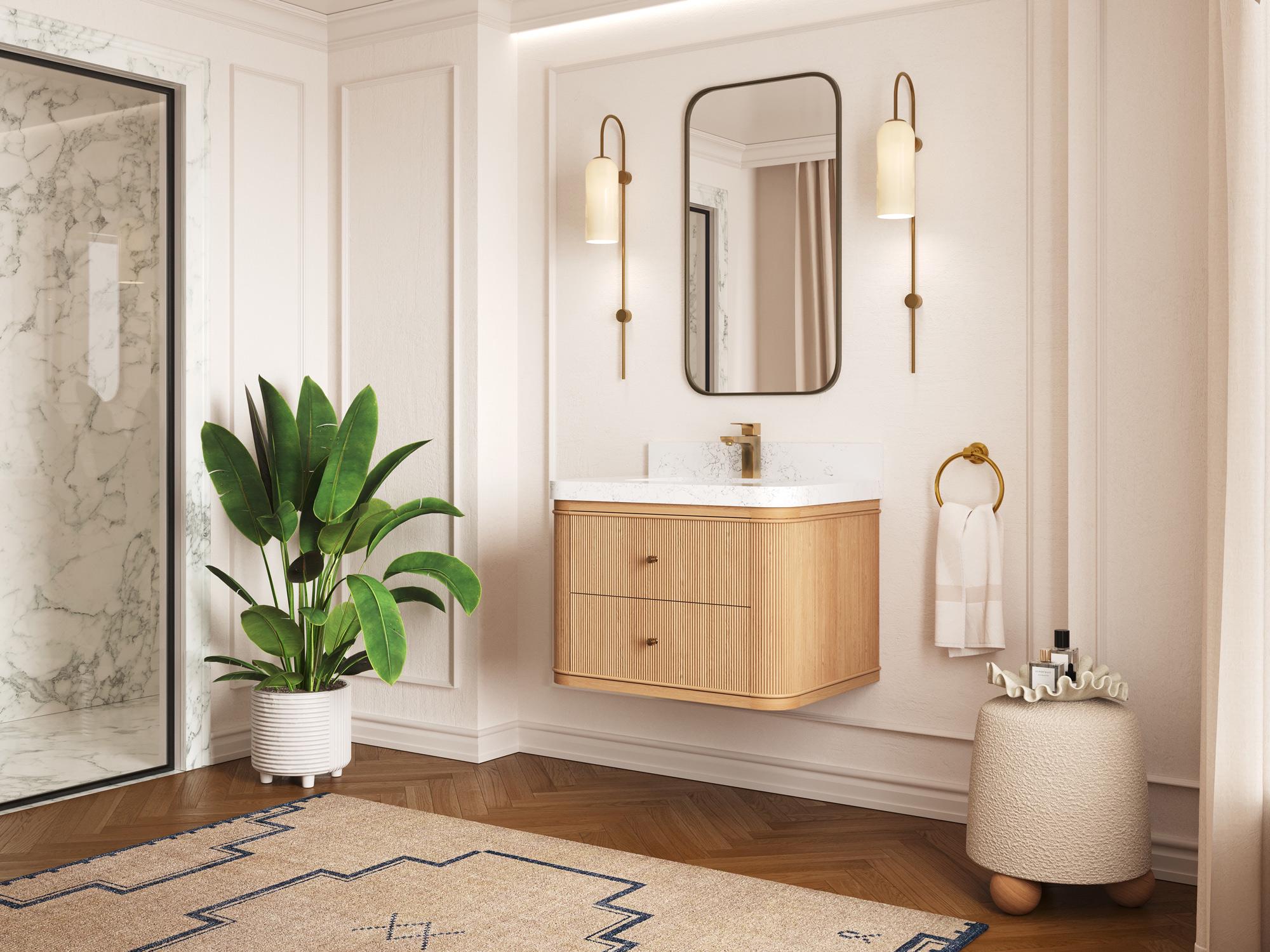 Hampton Floating Oak 30 In. W X 22 In. D Reeded Single Sink Bathroom ...