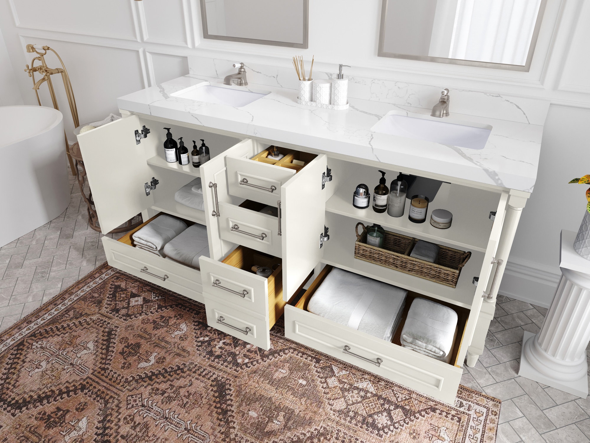 Aberdeen 72 In. W X 22 In. D Double Sink Bathroom Vanity in Alabaster ...