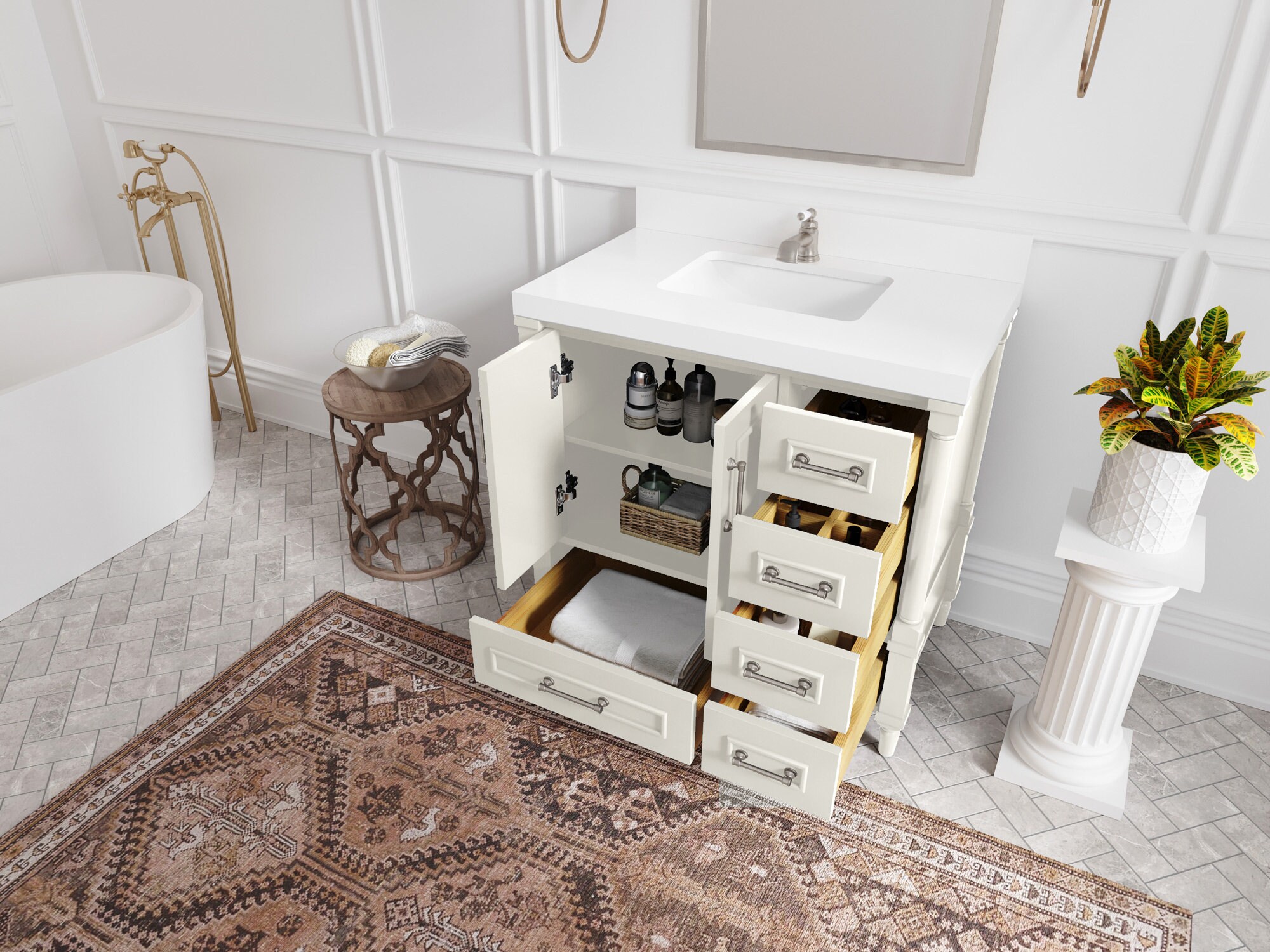 Aberdeen 36 In. W X 22 In. D Center Sink Bathroom Vanity in Alabaster ...