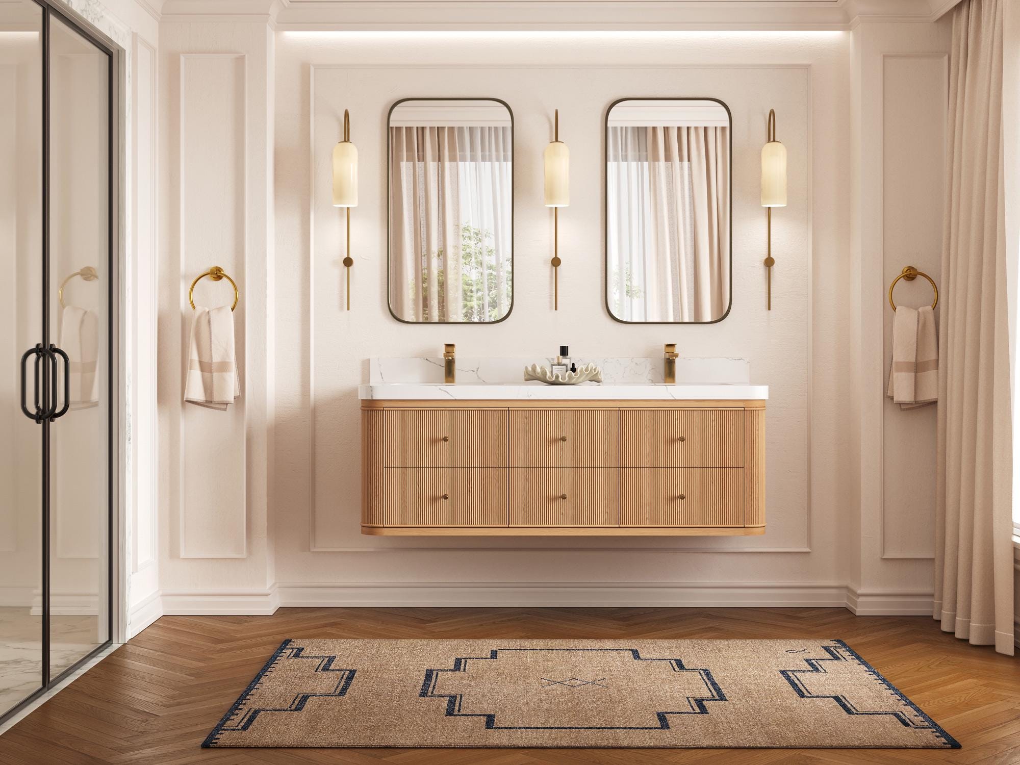 Hampton Floating Oak 60 In. W X 22 In. D Reeded Double Sink Bathroom ...