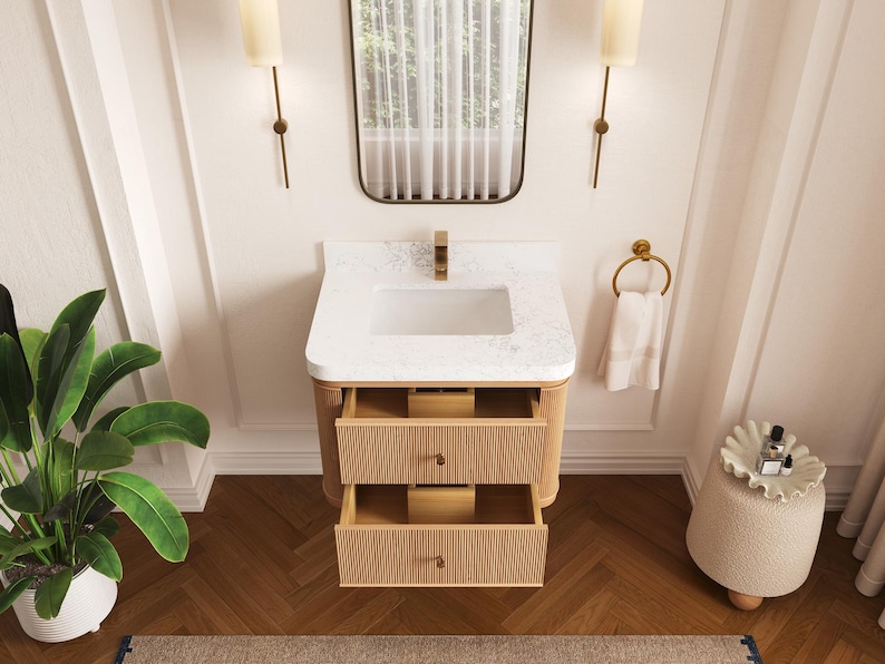 Hampton Floating Oak 30 In. W X 22 In. D Reeded Single Sink Bathroom ...
