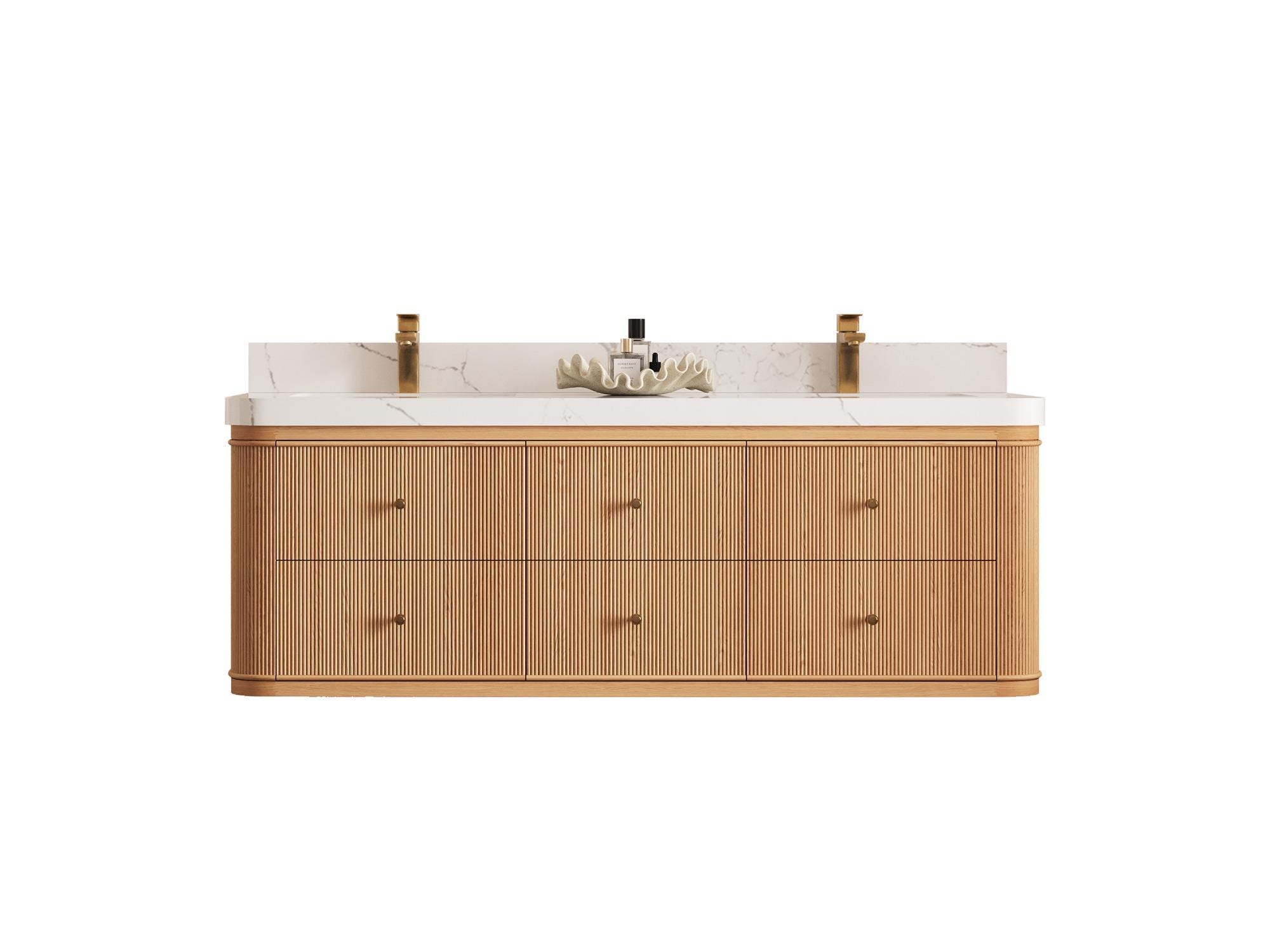 Hampton Floating Oak 60 In. W X 22 In. D Reeded Double Sink Bathroom ...