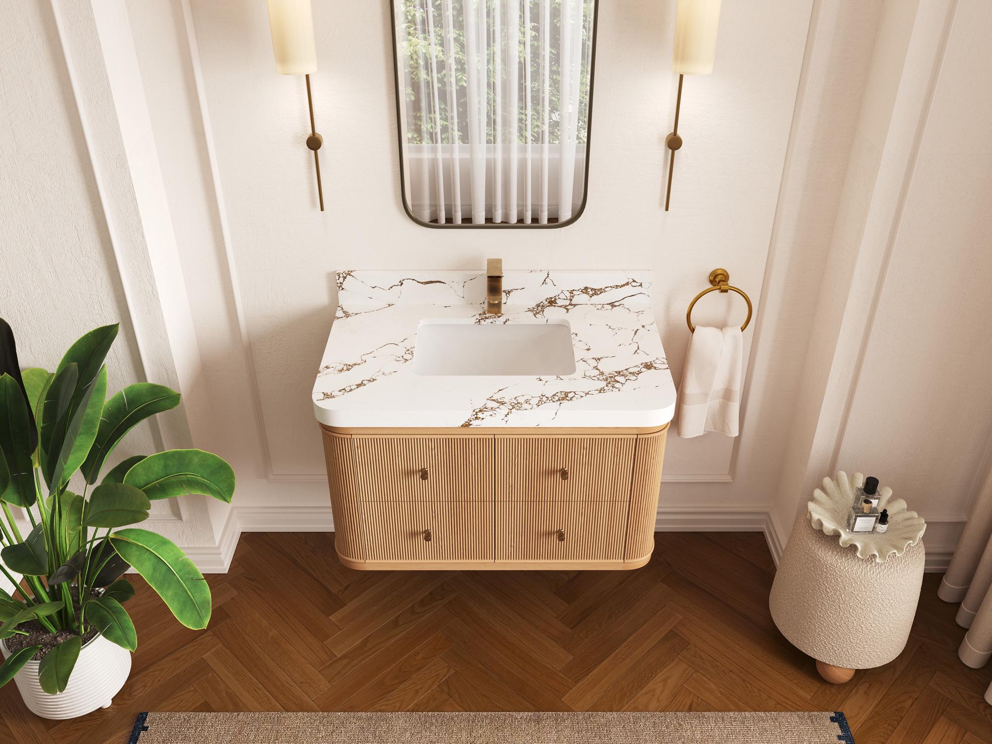 Hampton Floating Oak 36 In. W X 22 In. D Reeded Single Sink Bathroom ...