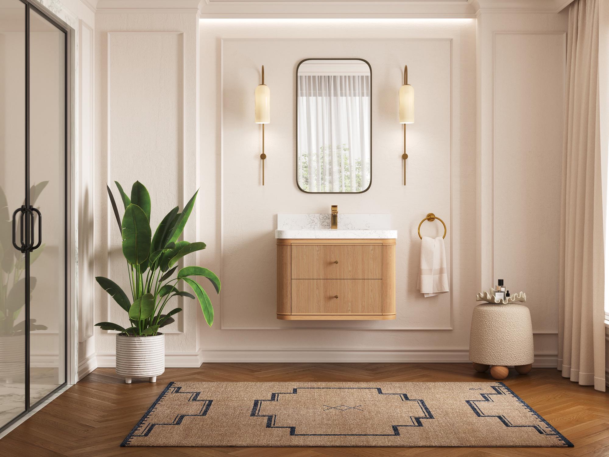 Hampton Floating Oak 30 In. W X 22 In. D Reeded Single Sink Bathroom ...