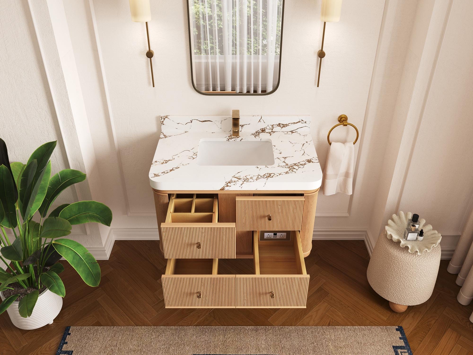 Hampton Floating Oak 36 In. W X 22 In. D Reeded Single Sink Bathroom ...