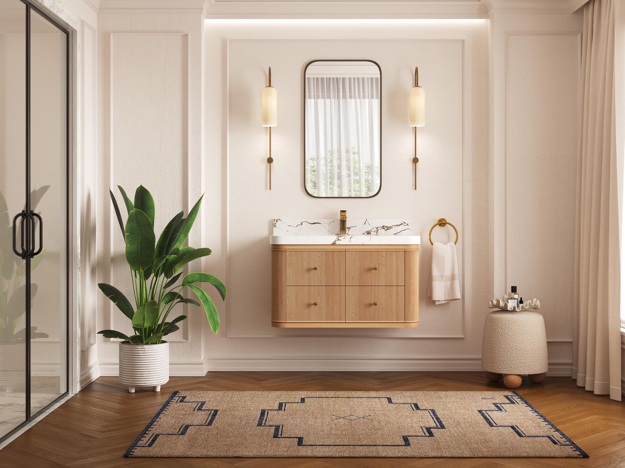 Hampton Floating Oak 36 In. W X 22 In. D Reeded Single Sink Bathroom ...