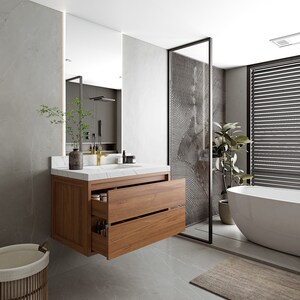 Madison Solid Floating Teak 36 In. W X 22 In. D Center Sink Bathroom ...