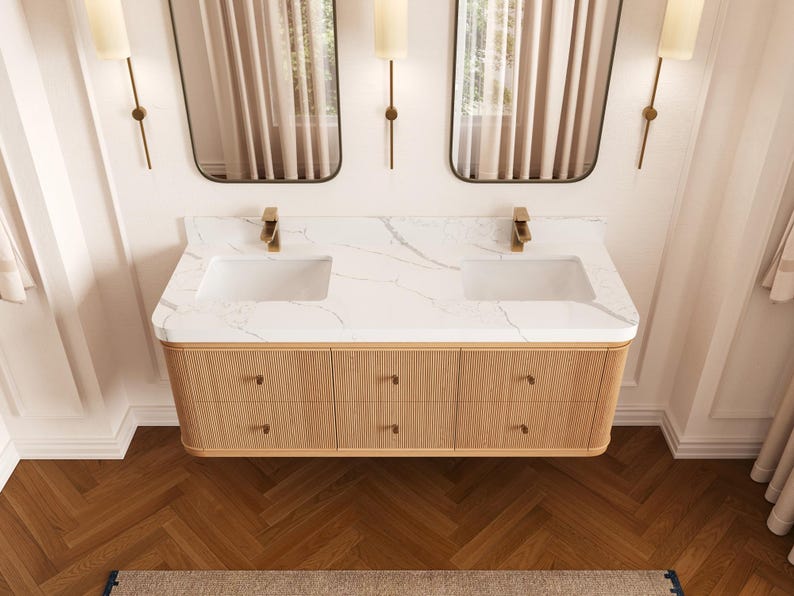 Hampton Floating Oak 60 In. W X 22 In. D Reeded Double Sink Bathroom ...