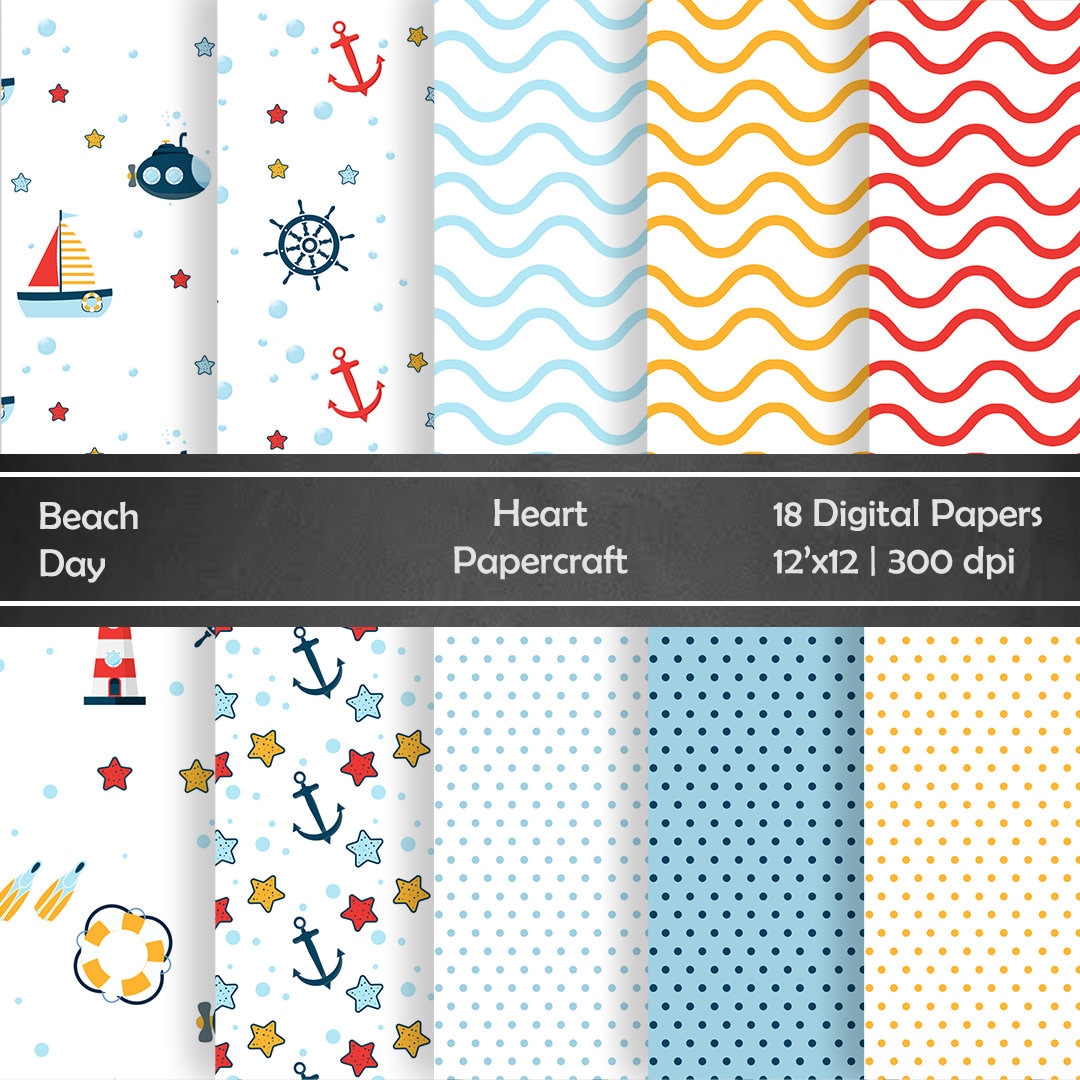 Beach Day Digital Paper 300dpi, Digital Paper, Summer, Chevron, Polka ...