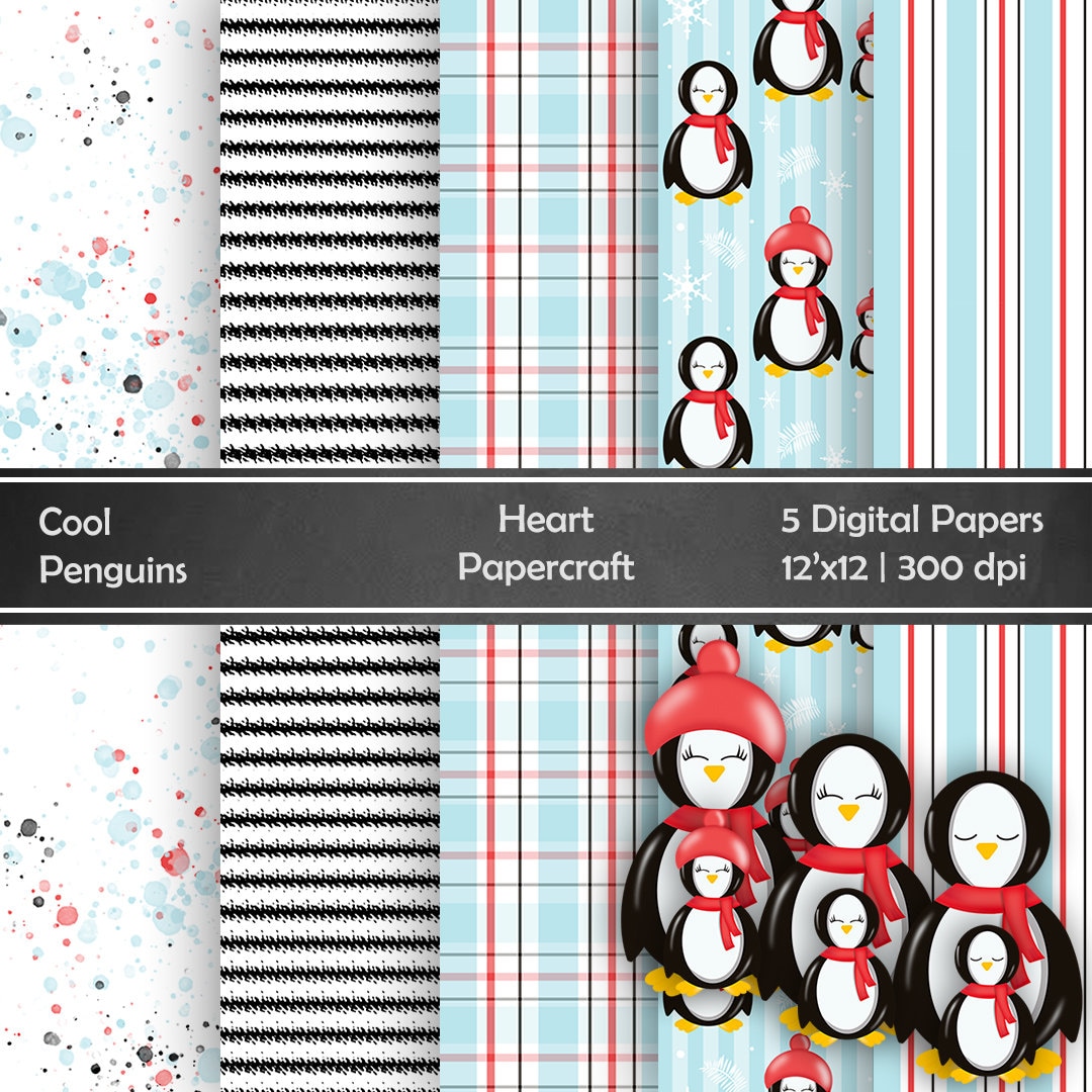 Cool Penguins Digital Paper 300dpi, Scrapbook Paper, Christmas Party ...