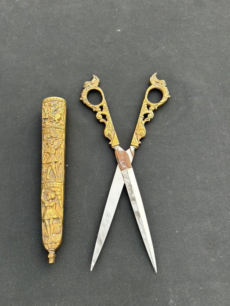 Antique Solingen Victorian Heavy Brass Handled Scissors With Sheath ...