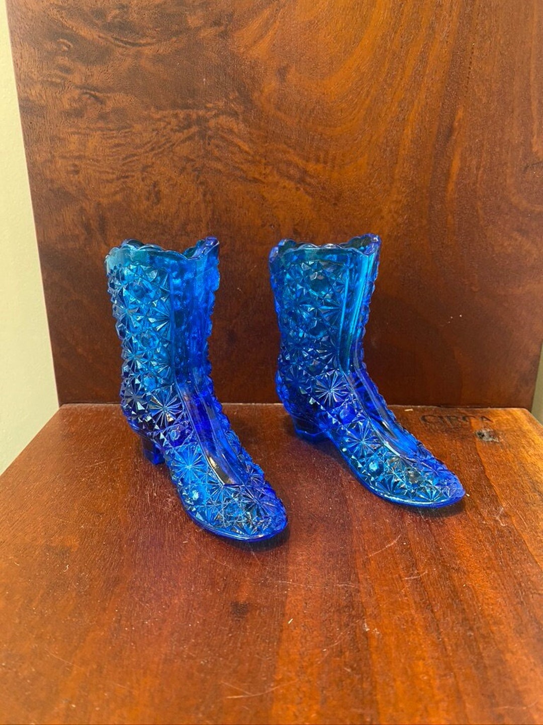 Vintage Fenton Blue Glass Cowgirl Boots, Daisy and Button Pattern, FREE ...