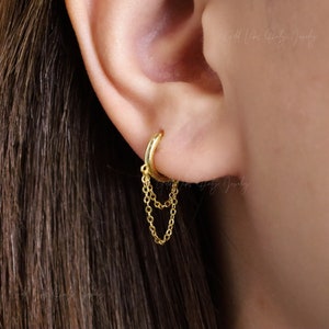 Hoop Chain Gold Earring 18k • Lobe Dangle Stack Earring Conch Labret Helix Conch Lobe Flat Back ...