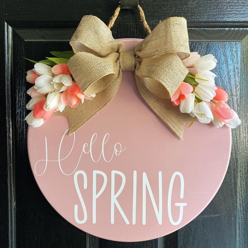Hello Spring Door Hanger Round Wood Door Hanger Painted | Etsy