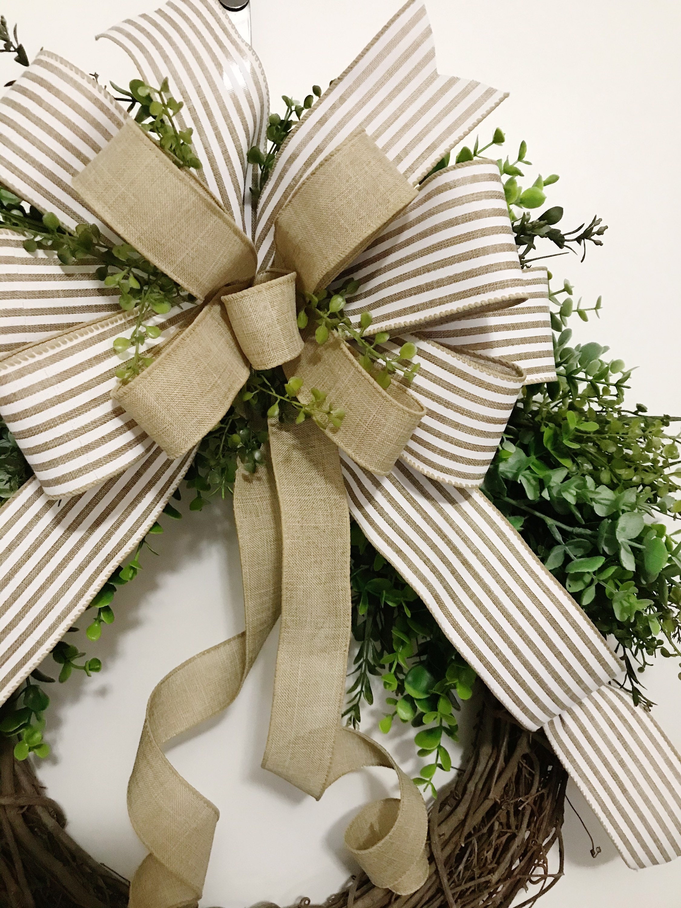 Farmhouse Eucalyptus Wreath: Striped Burlap Bow, Rustic Door Decor - Etsy