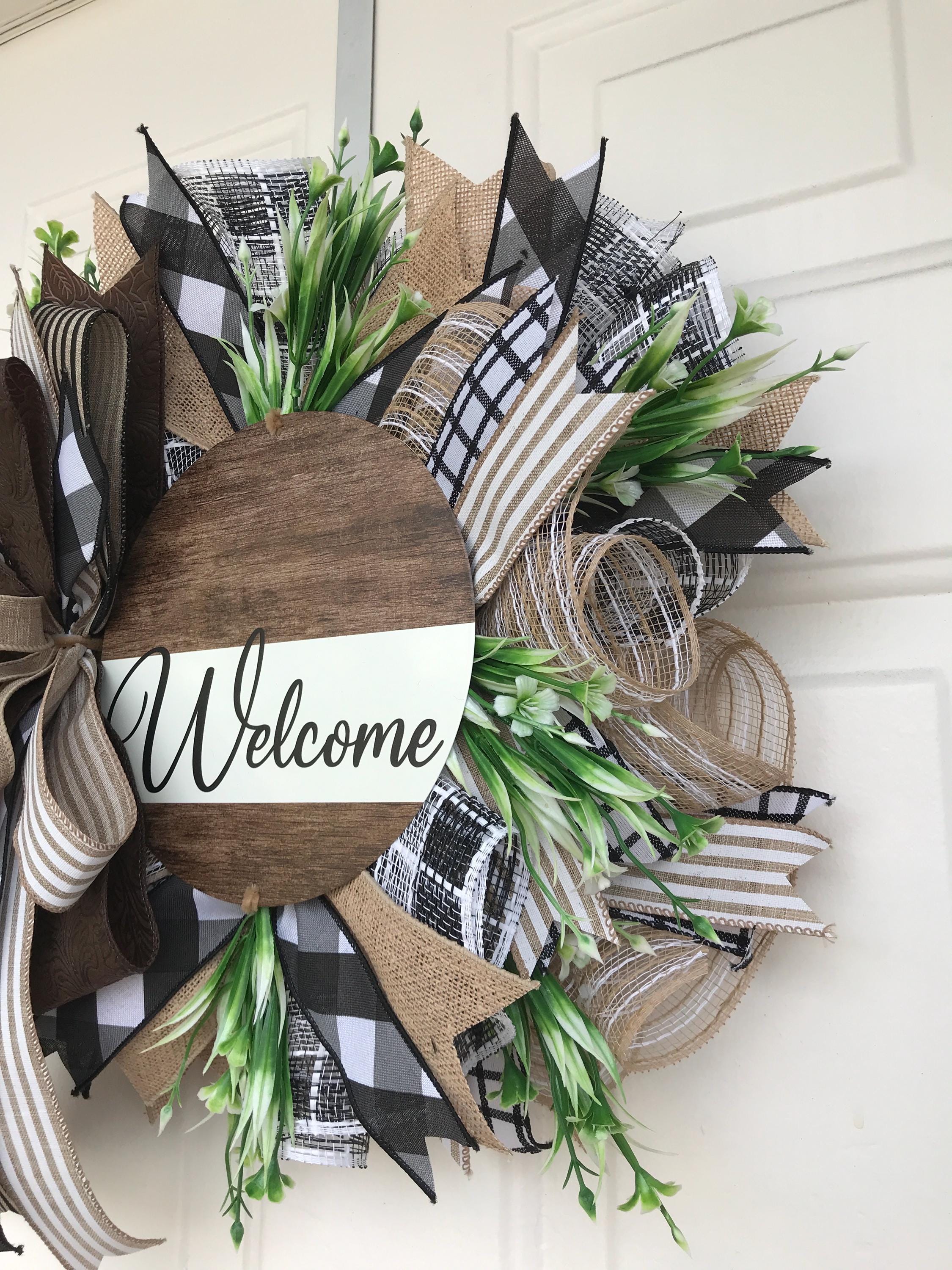 Farmhouse Welcome Small Wreath: Black White Buffalo Check Door Decor - Etsy