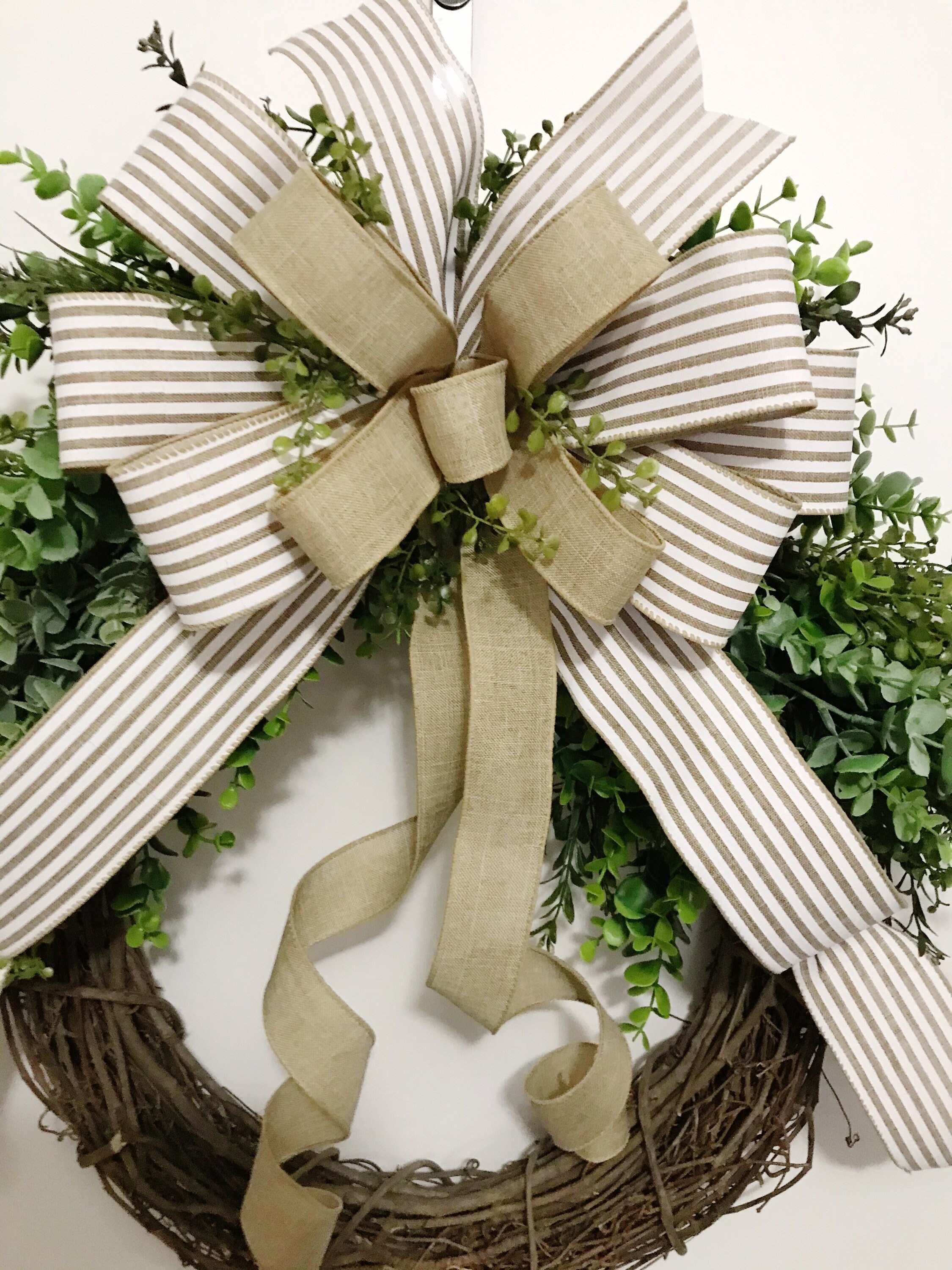 Farmhouse Eucalyptus Wreath: Striped Burlap Bow, Rustic Door Decor - Etsy