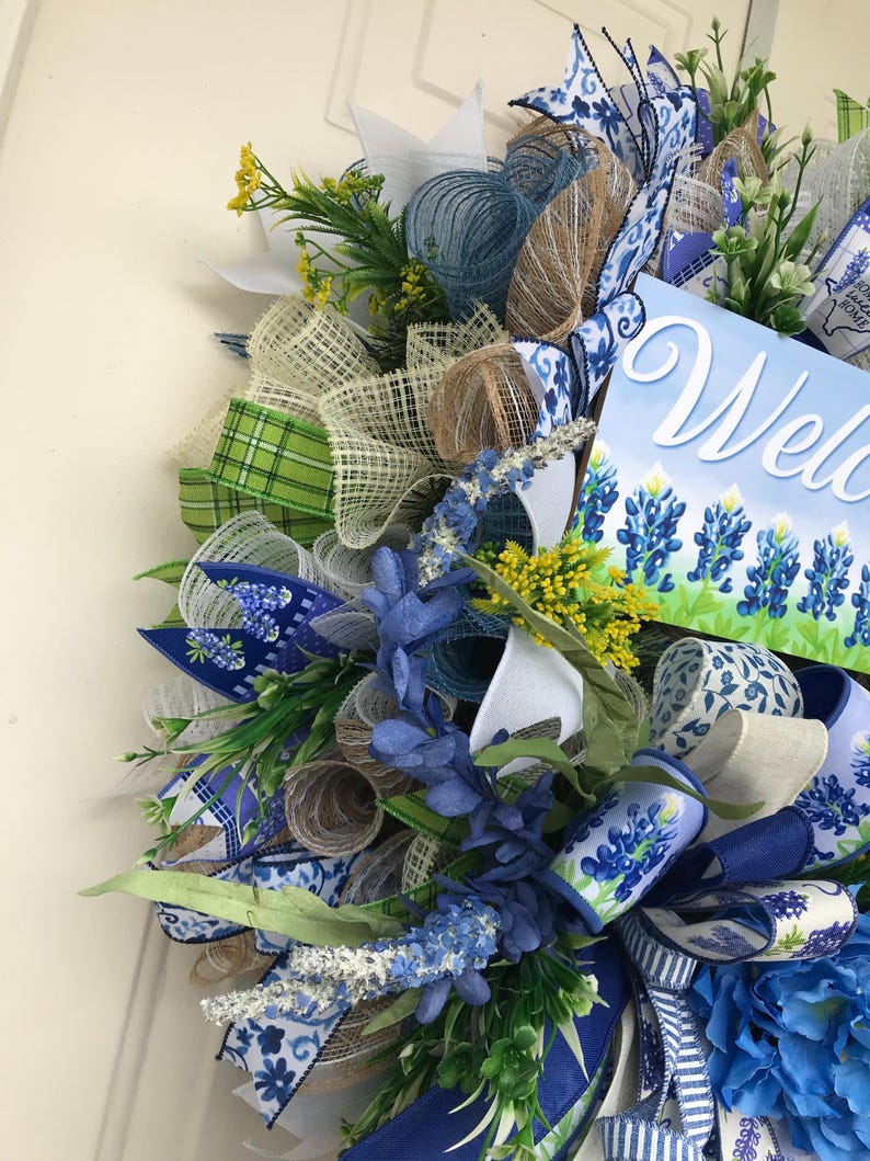 Bluebonnet Welcome Wreath: Hydrangea & Ribbon Spring Door Decor - Etsy