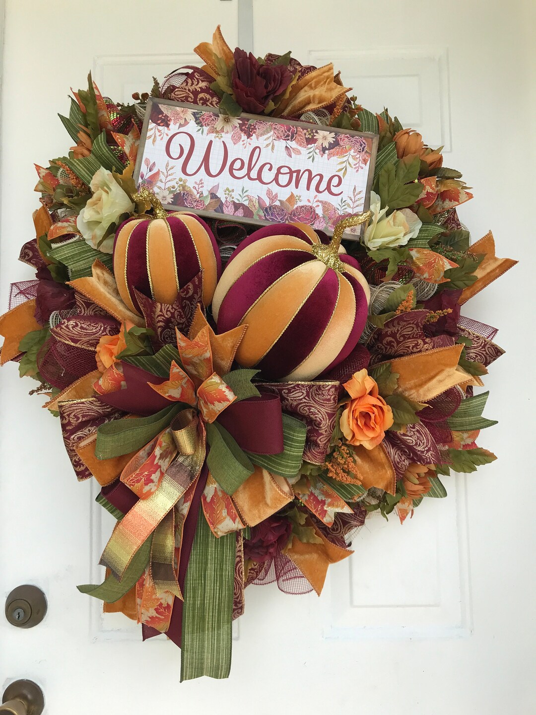 Handmade Fall Welcome Wreath Rustic Pumpkin Decor Autumn Floral Door ...