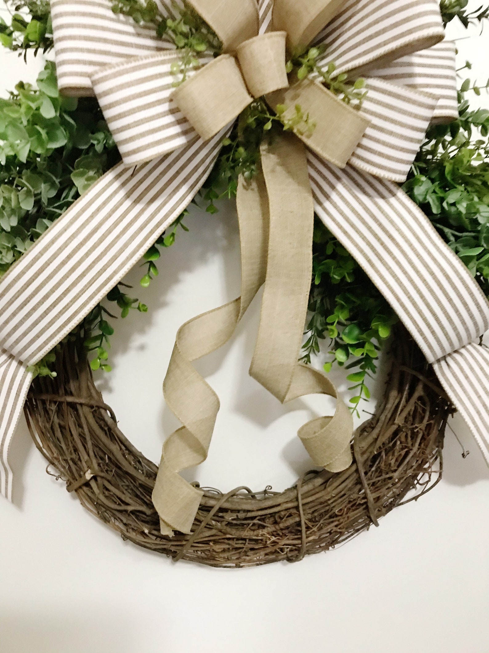 Farmhouse Eucalyptus Wreath: Striped Burlap Bow, Rustic Door Decor - Etsy