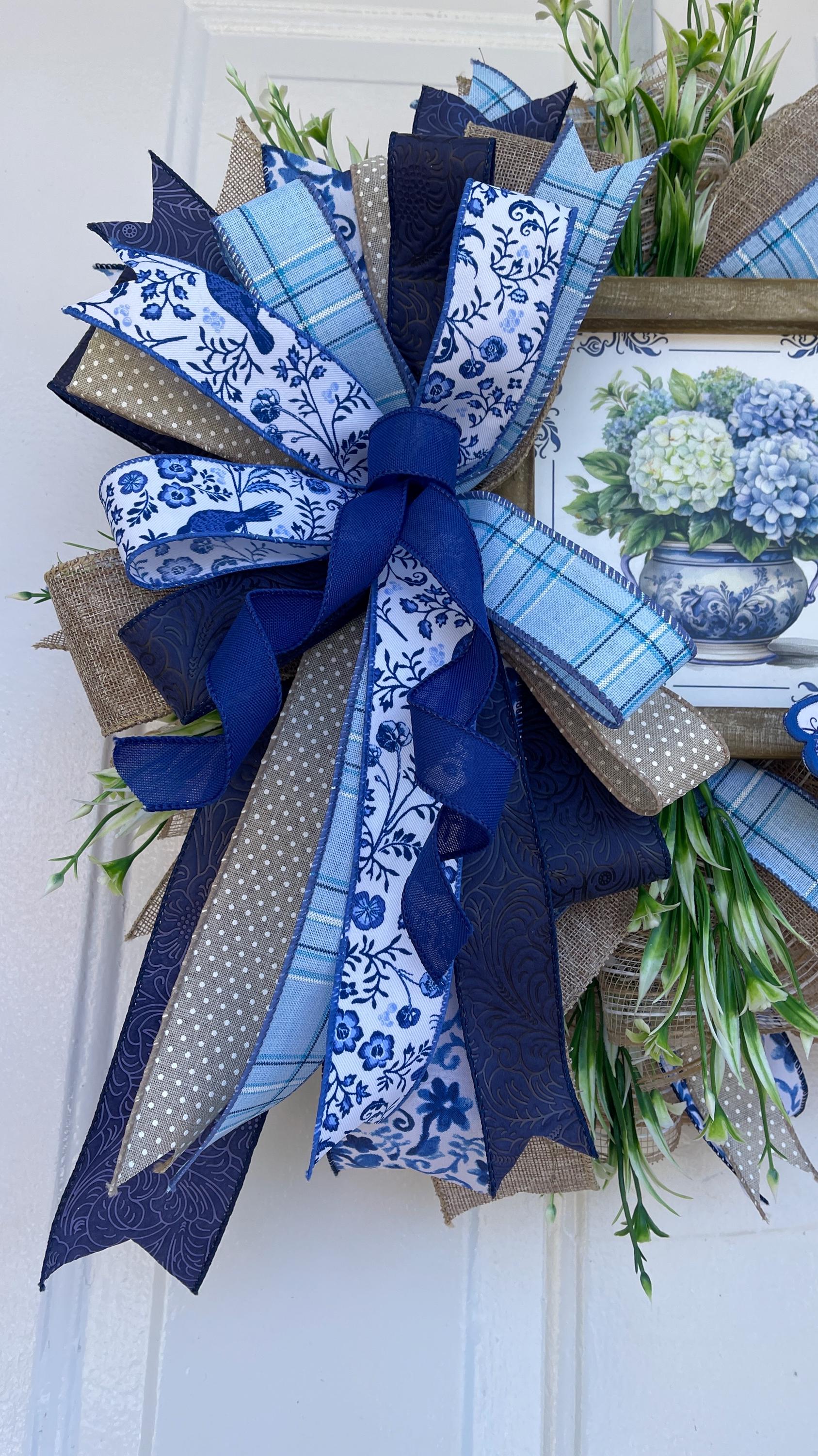 Handmade Blue Hydrangea Wreath, Chinoiserie Butterfly, Farmhouse Door ...